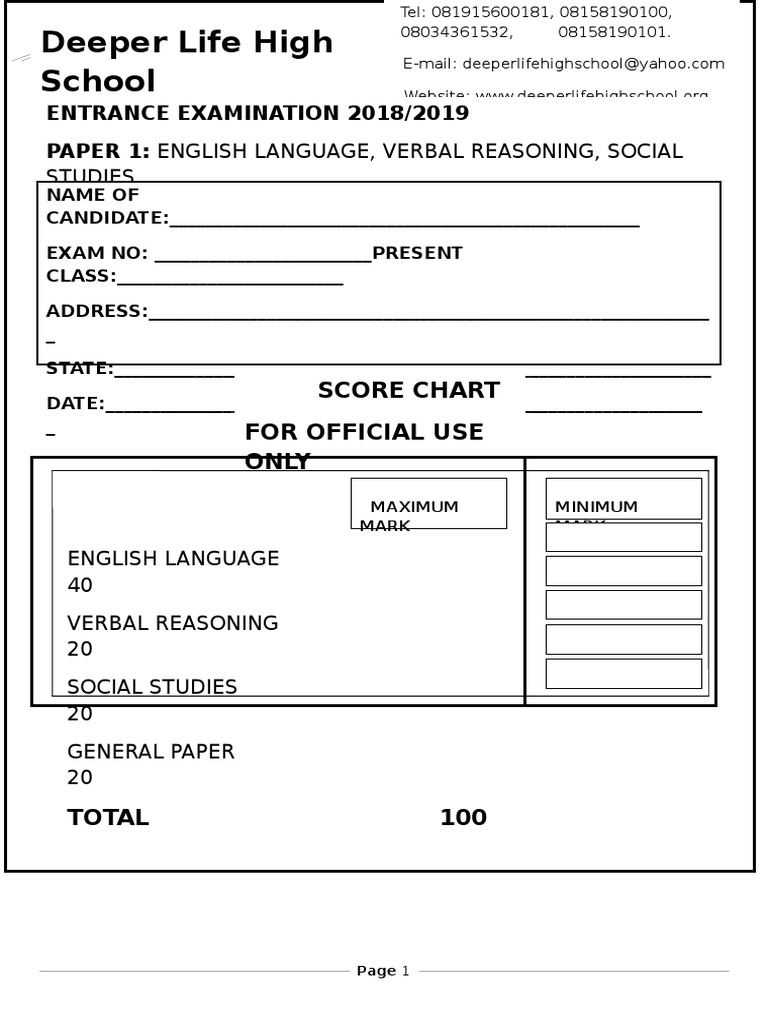 Deeper Life High School: Score Chart For Official Use Only | PDF | Dogs ...