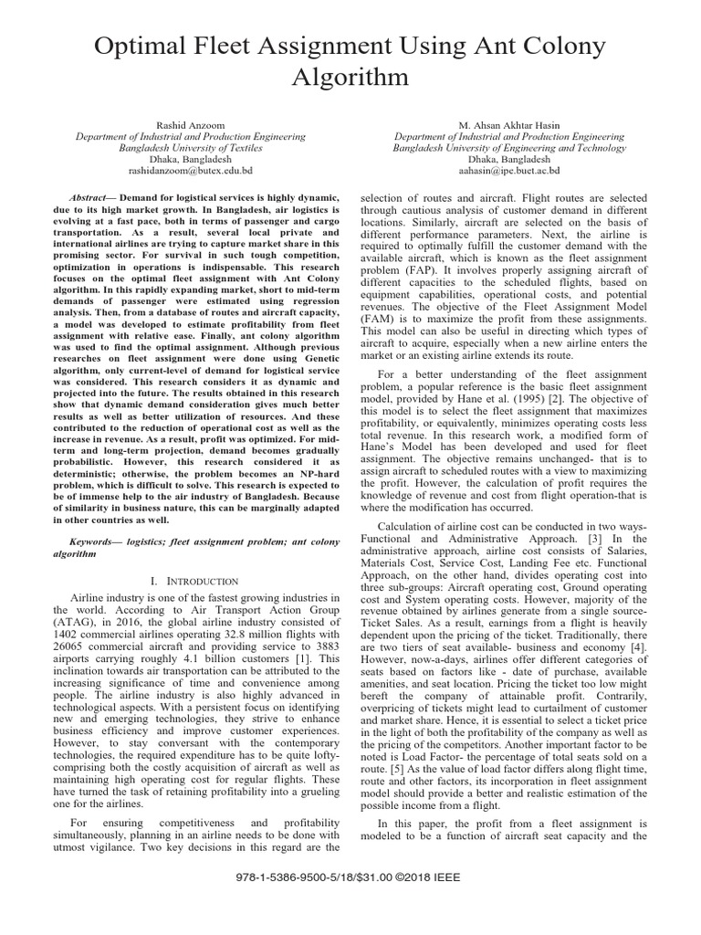 Optimal Fleet Assignment Using Ant Colony Algorithm: Rashid Anzoom M. Ahsan Akhtar Hasin | PDF ...