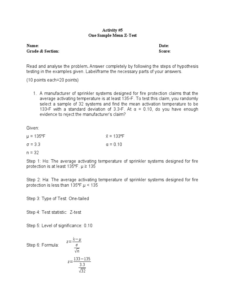 Activity #5 One Sample Mean Z-Test Name: Date: Grade & Section: Score ...