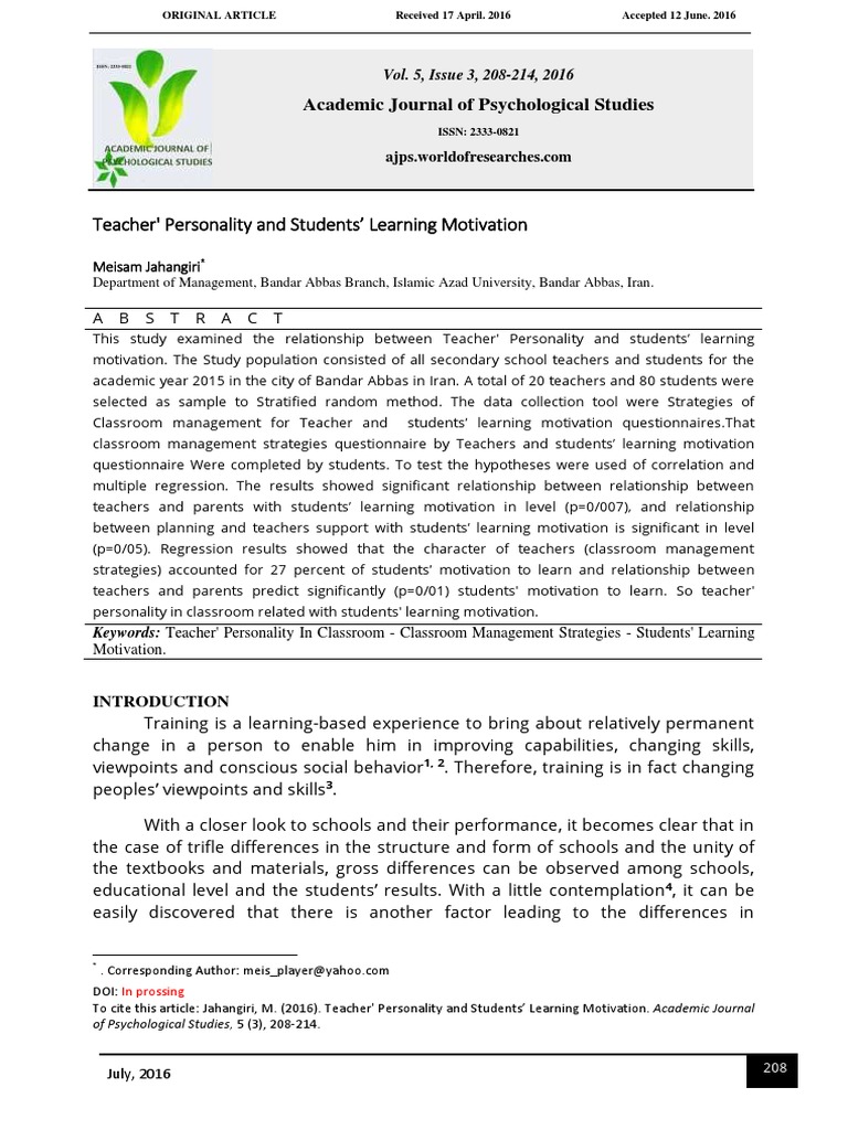 Teacher Personality and Student Motivation | PDF | Motivation ...