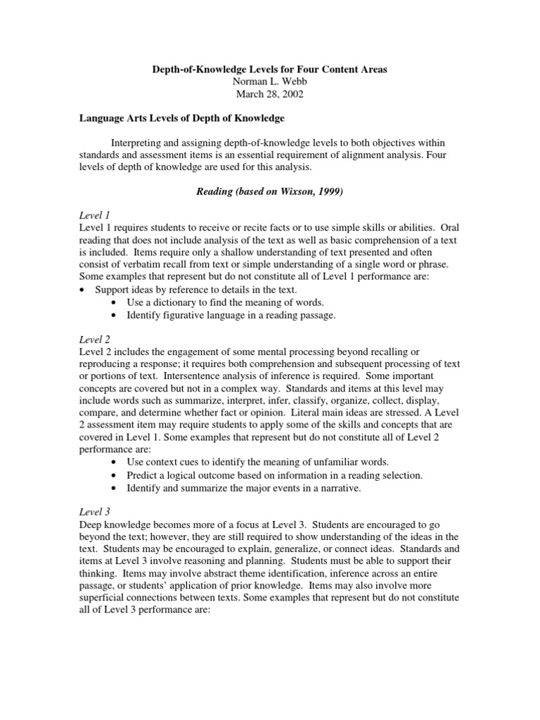 Depth-of-Knowledge Levels for Four Content Areas | PDF | Educational ...