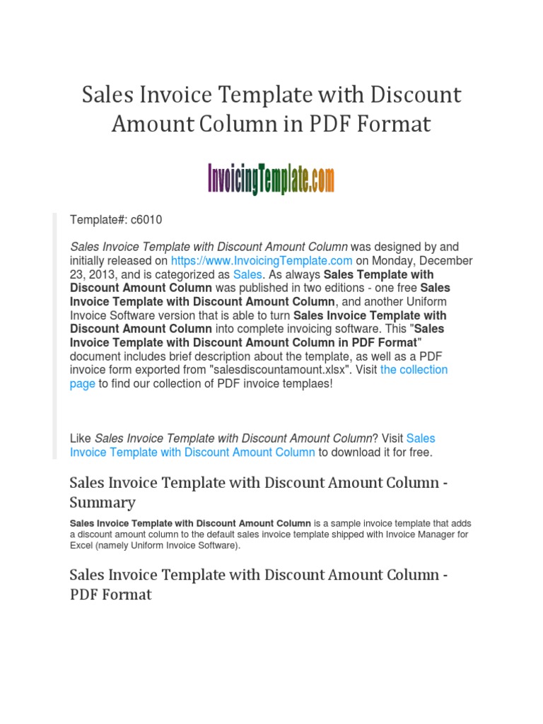 Sales Invoice Template With Discount Amount Column in PDF Format | PDF ...