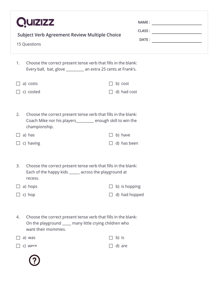 Subject Verb Agreement Review Multiple Choice - Print - Quizizz | PDF ...