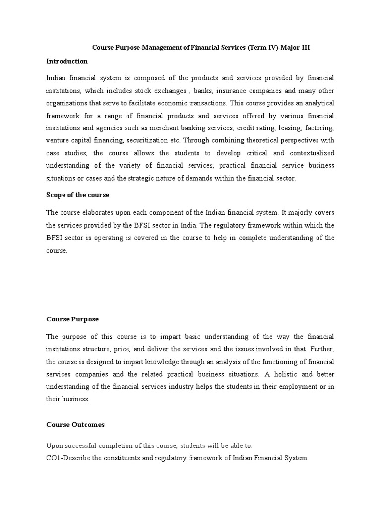 Course Purpose-MFS - Major III | PDF | Financial System | Banks