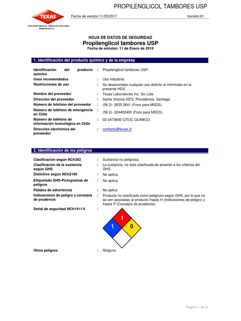 Propilenglicol Usp (HDS) | PDF | Agua | Toxicidad