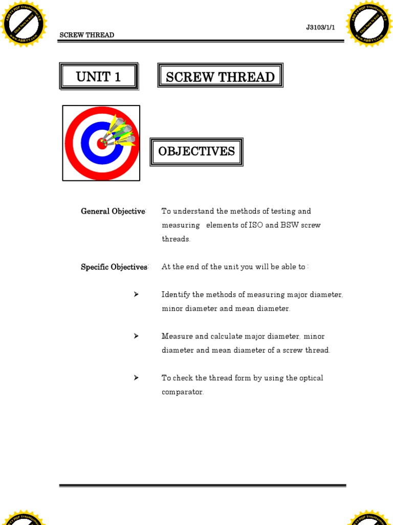 Unit 1 Screw Thread: Objectives | PDF