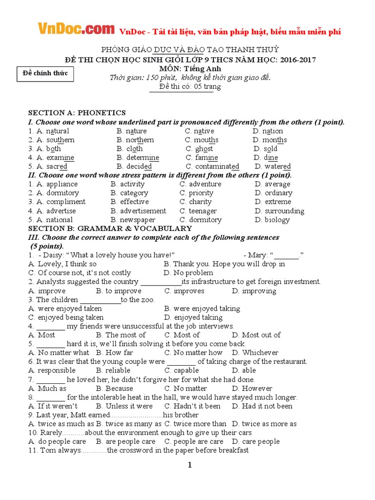 Bo de Thi Hoc Sinh Gioi Mon Tieng Anh Lop 9 Co Dap An So 1 PDF | PDF | Solar Energy | Photovoltaics