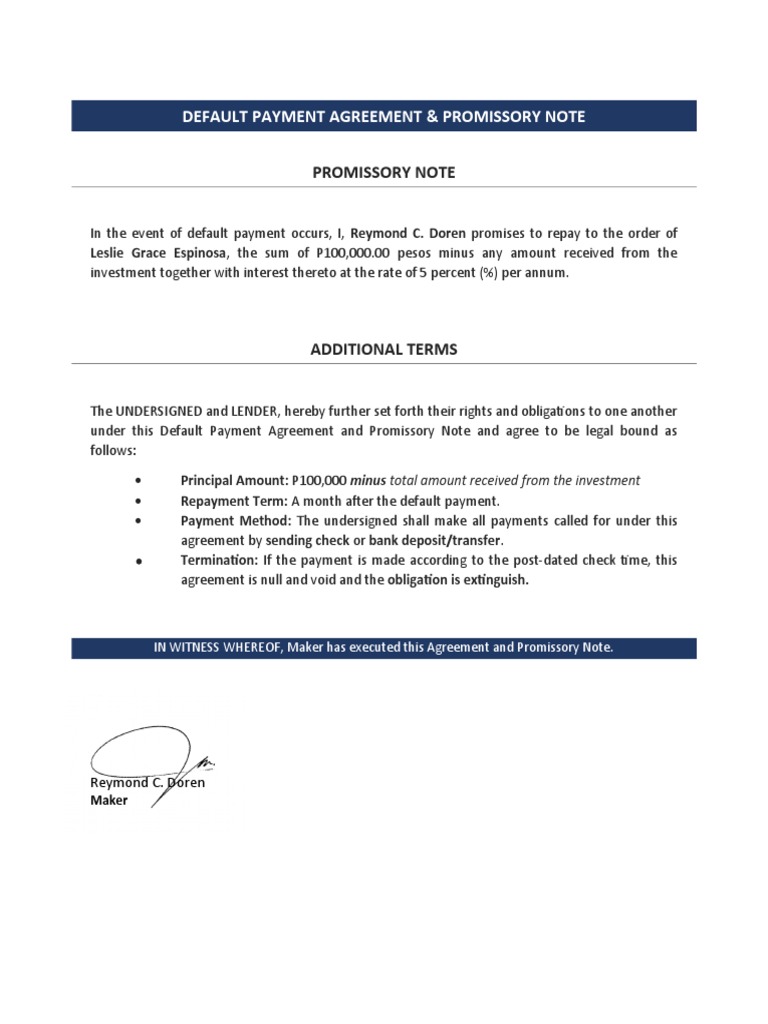 Default Payment Agreement & Promissory Note | PDF