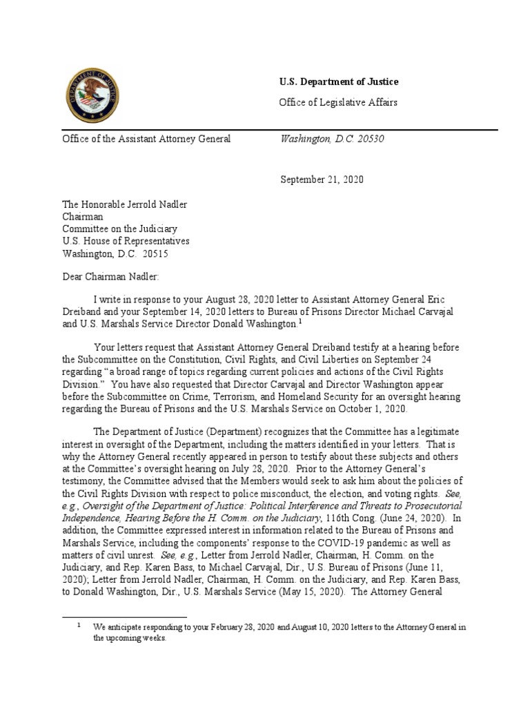 DOJ Letter to Nadler | United States Department Of Justice | Attorney ...