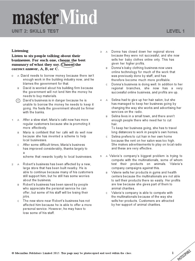 Mastermind 1 Unit 2 Skills Test | PDF | Globalization | Taxes