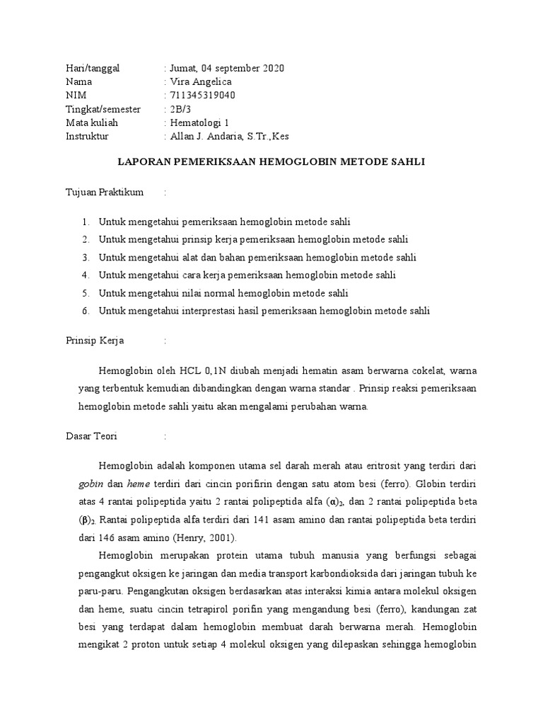 Laporan Pemeriksaan Hemoglobin Metode Sahli | PDF
