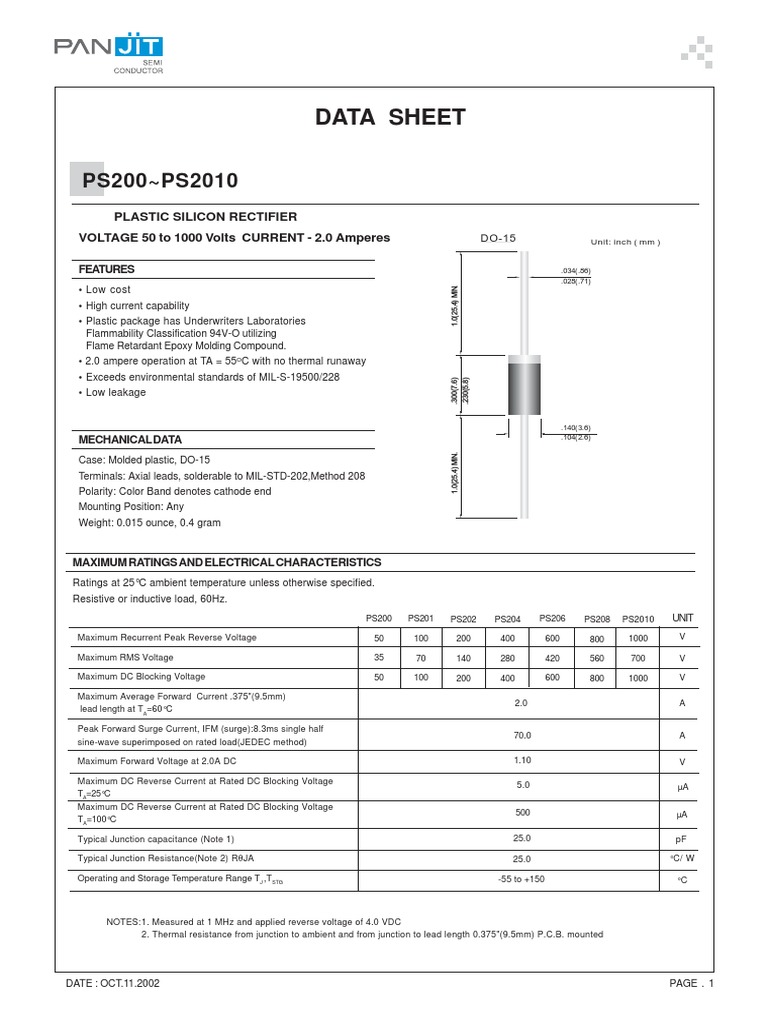 Technical Data Sheet for Plastic Silicon Rectifier Series PS200-PS2010 ...