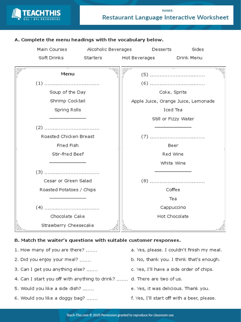 Restaurant Language Interactive Worksheet | PDF | Drink | Waiting Staff