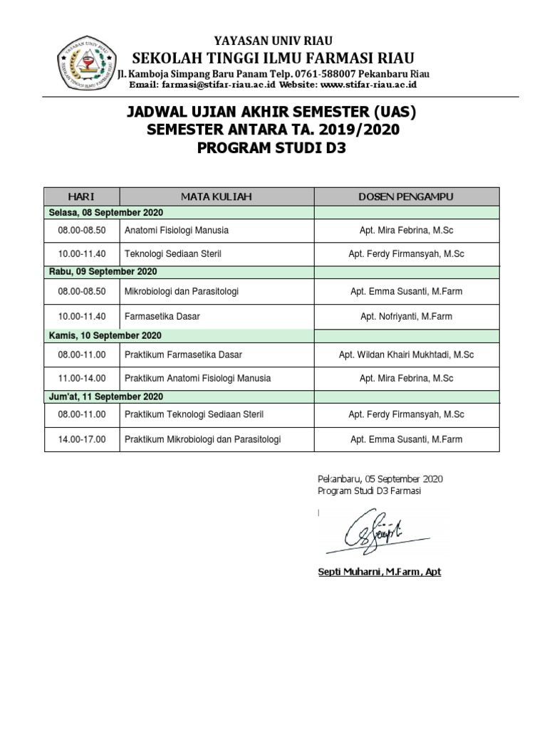Jadwal UAS D3 Farmasi 2019/2020 | PDF