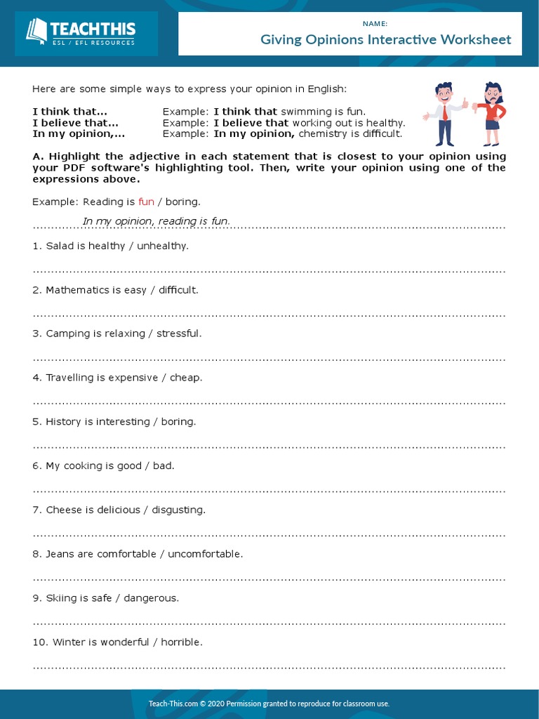 Giving Opinions Interactive Worksheet | PDF