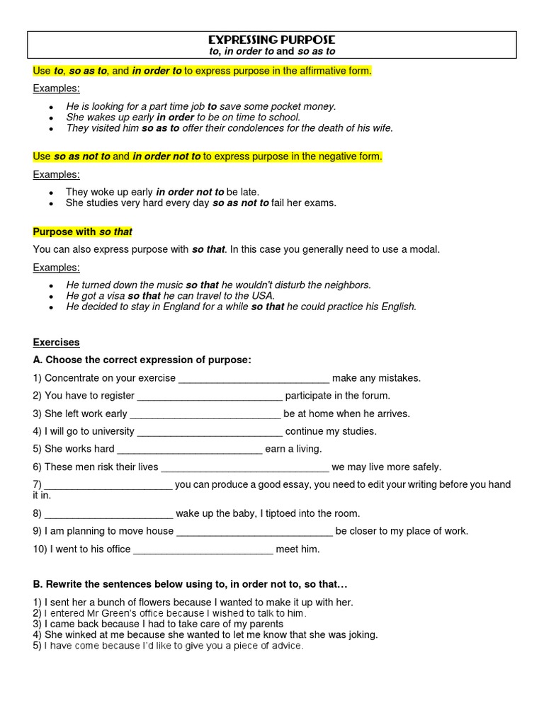 To, in Order To and So As To: Purpose With So That | PDF