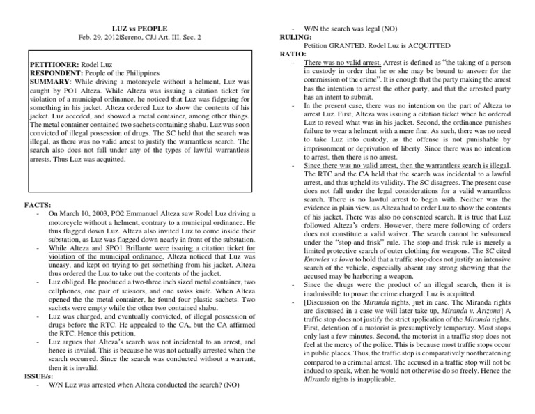 Luz Vs People Ruling: Ratio:: Knowles Vs Iowa To Hold That A Traffic ...