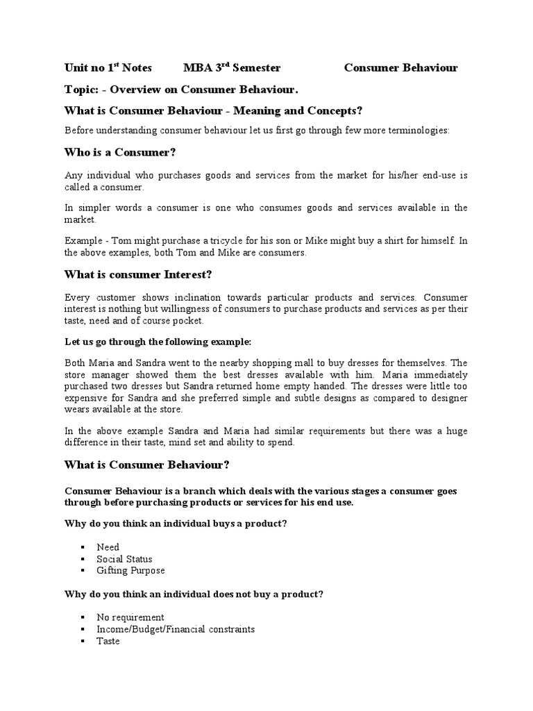 Consumer Behavior Unit No 1 Notes | PDF | Consumer Behaviour | Behavior