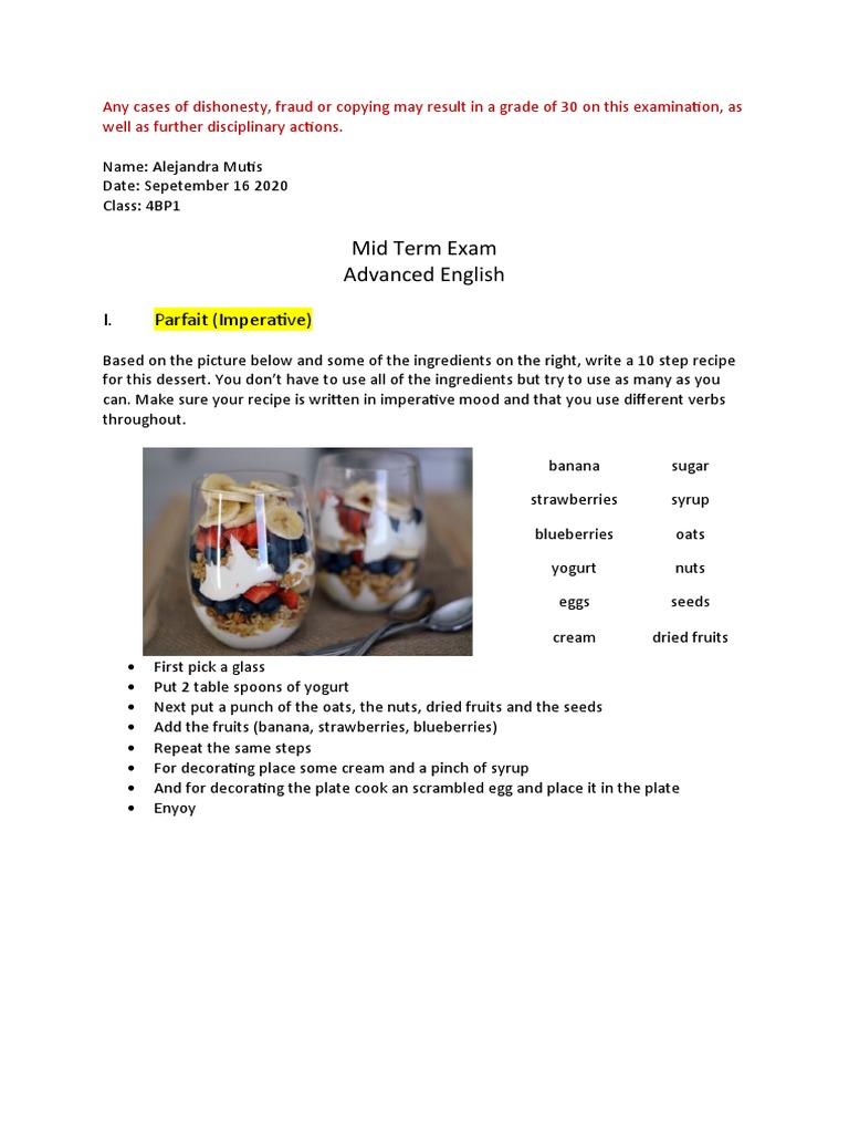 Mid Term Exam 4B1 + 4BP1 (Alejandra Mutis Jiménez) | PDF | Adjective | Noun