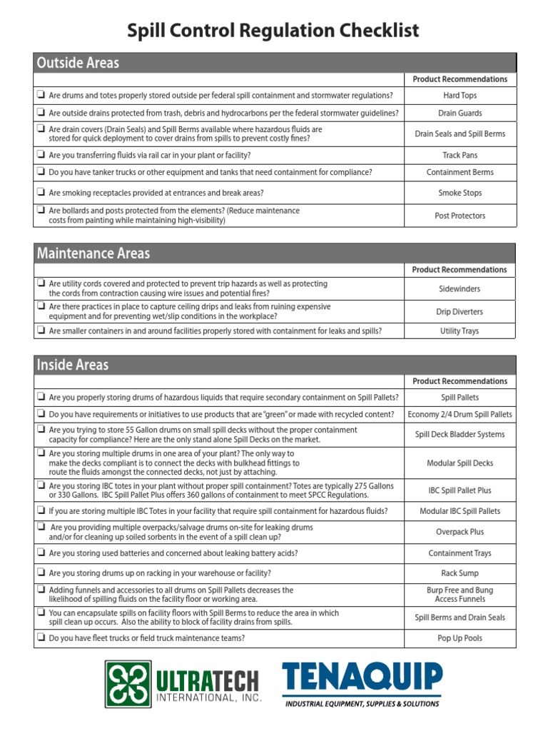 Spill Control Regulation Checklist: Outside Areas | PDF | Pallet | Water