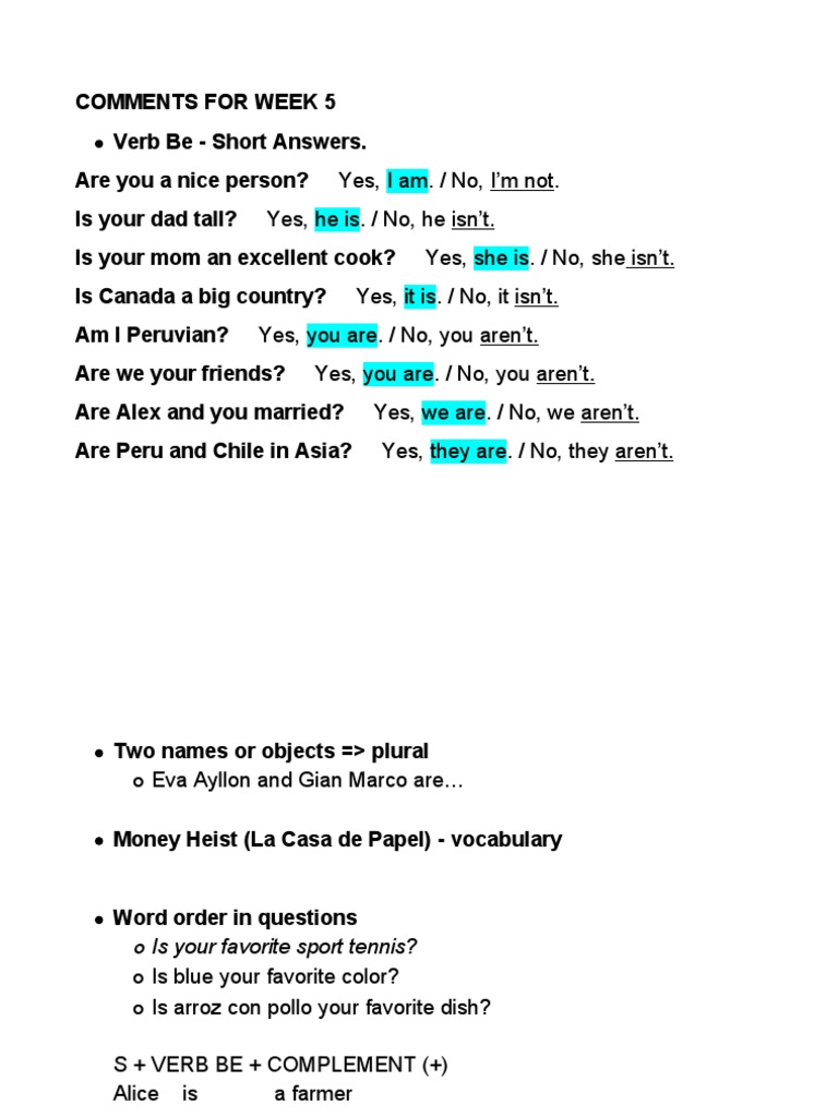 Verb Be - Short Answers | PDF