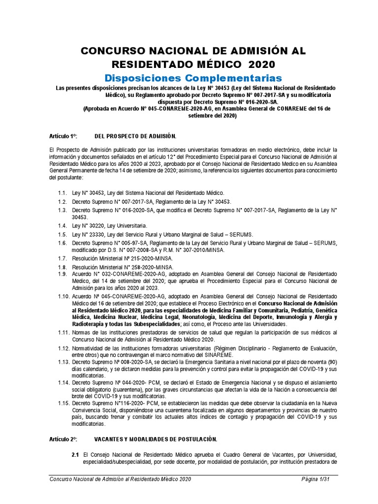 Disposiciones Complementarias 2020 | PDF | Medicina | Prueba (evaluación)