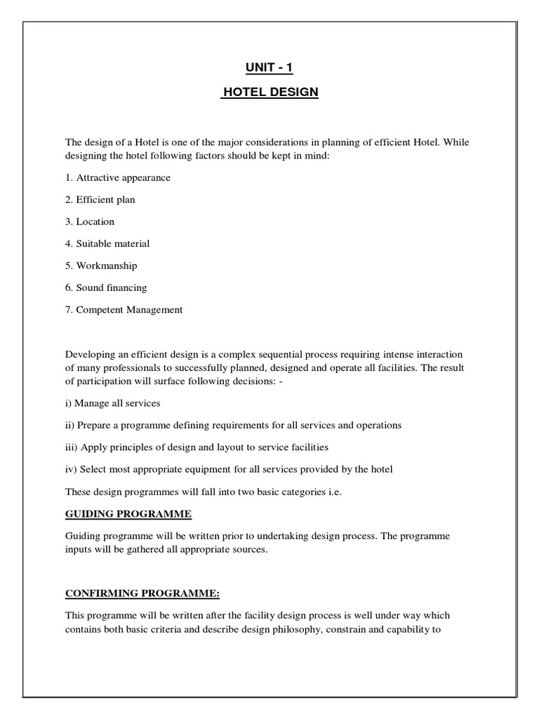 Unit - 1 Hotel Design: Guiding Programme | PDF | Hotel | Design