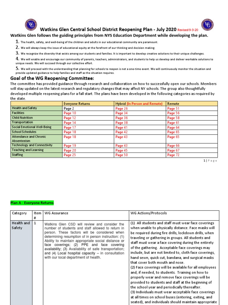 Watkins Glen School Reopening Plan | PDF | School Counselor | Bus