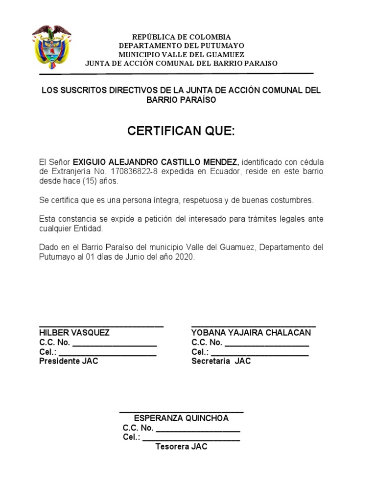 Certificado de Residencia en Colombia | PDF | Finanzas y dinero ...