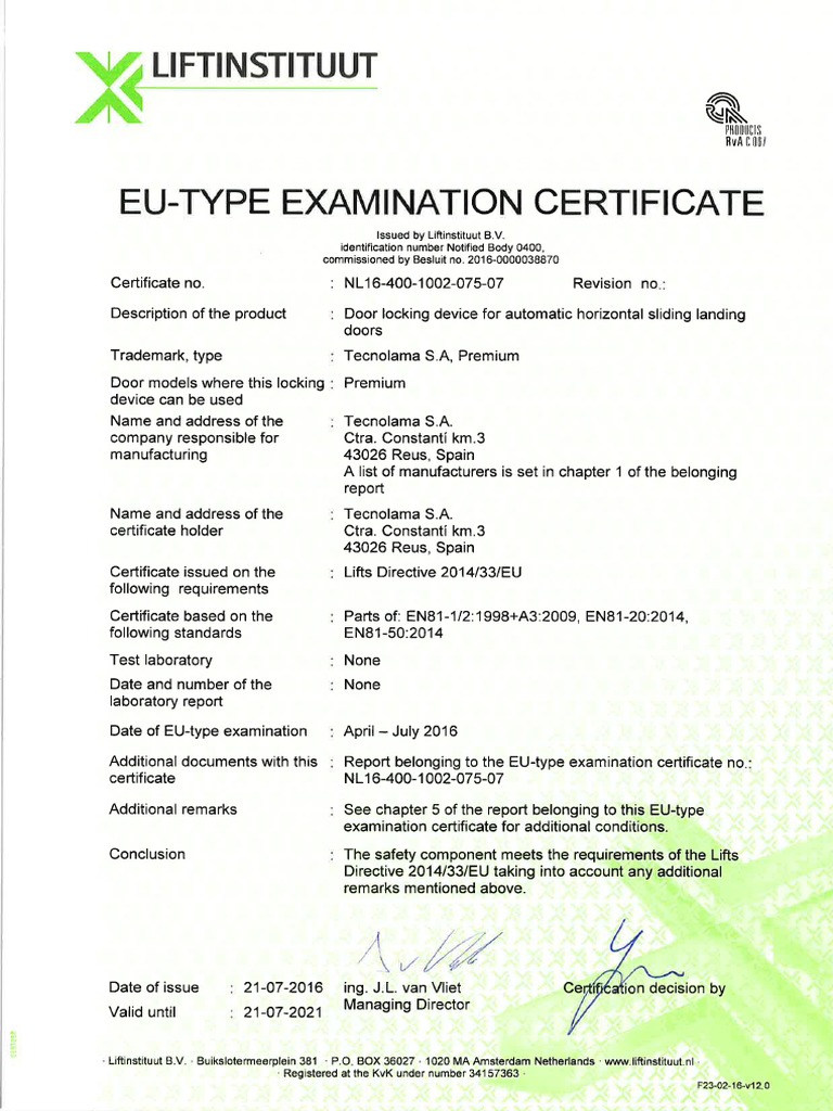 Fermator Premium Landing Door Lock CE Certificate PDF | PDF ...