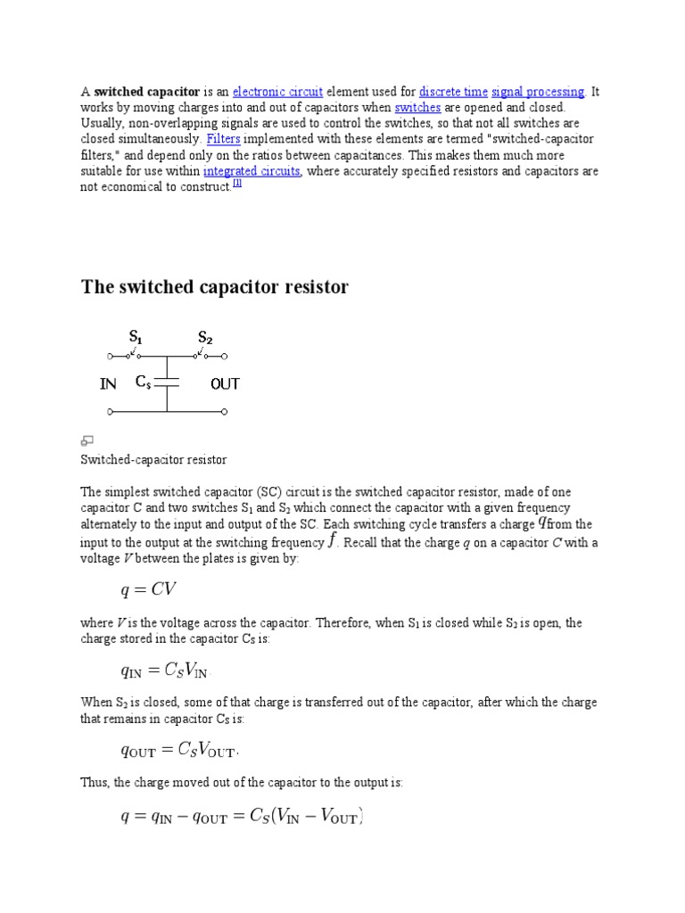 The Switched Capacitor Resistor Electronic Circuit Discrete Time Signal Processing Switches