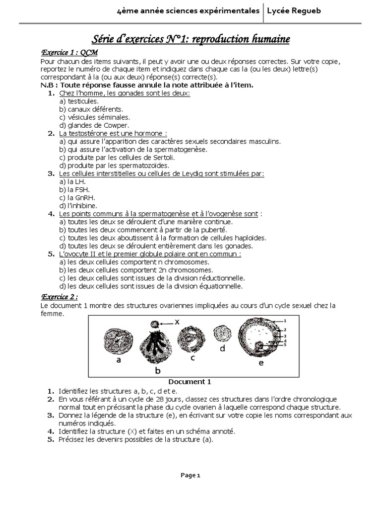Série Dexercices Reproduction Humaine Du Bac Science en Tunisie PDF ...