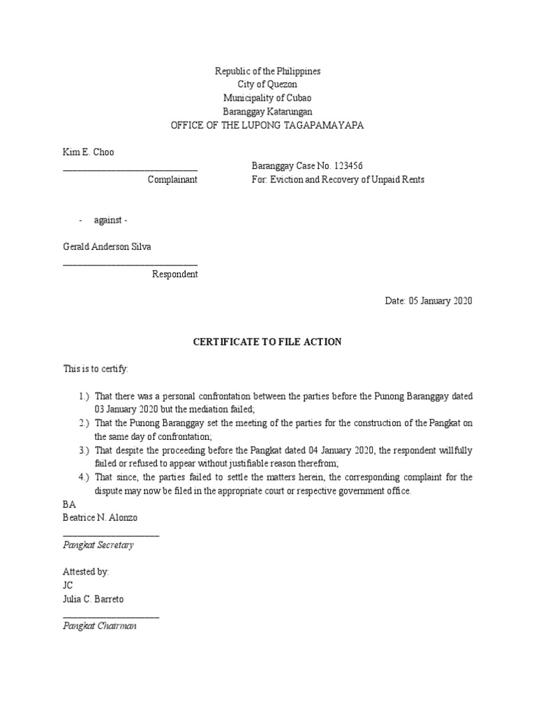 Certificate To File Action: Pangkat Secretary | PDF