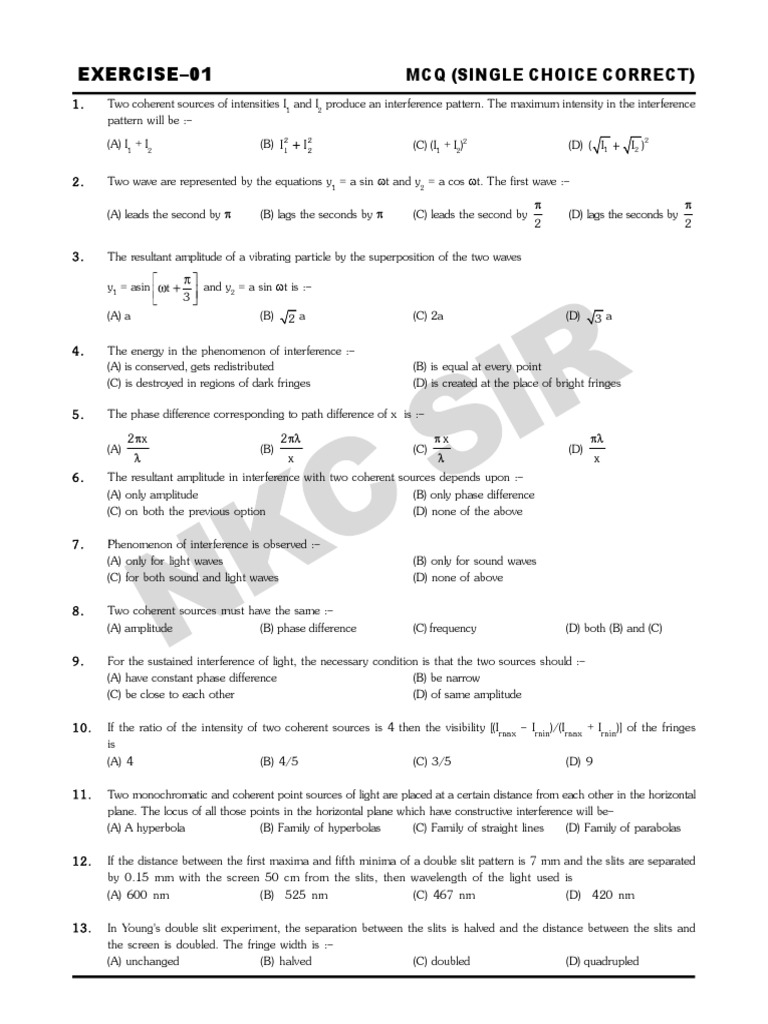 Exercise-01: MCQ (Single Choice Correct) | PDF | Diffraction ...