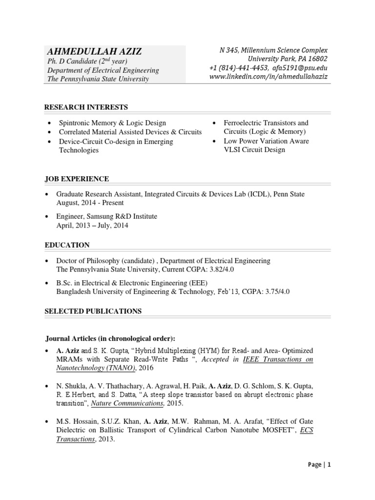 Resume of Ahmedullah Aziz | PDF | Transistor | Electrical Engineering