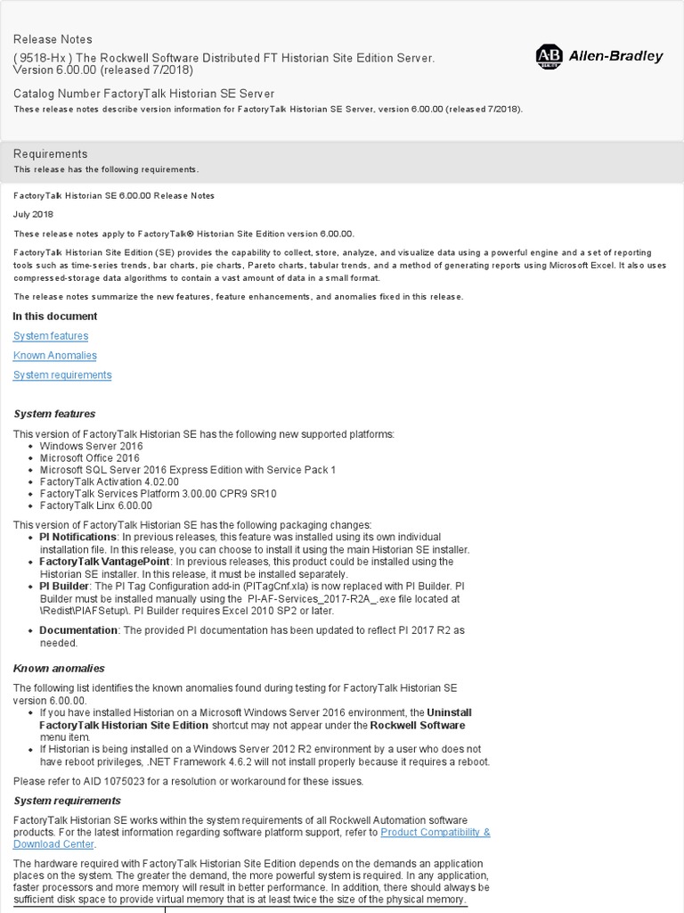 FactoryTalk Historian SE Server - 6.00.00 (Released 7 - 2018) PDF | PDF | Microsoft Sql Server ...