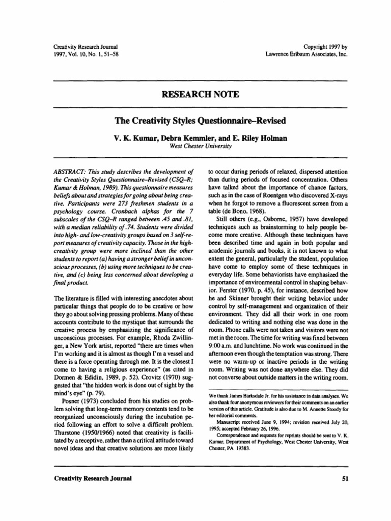 Research Note: K. Kumar, Debra Kemmler, and E. Riley Holman | PDF | Creativity | Attitude ...