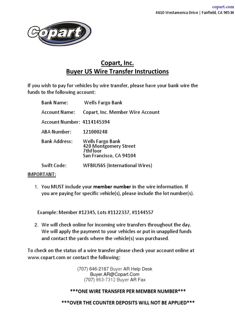 Copart Wire Transfer Instructions | PDF | Law
