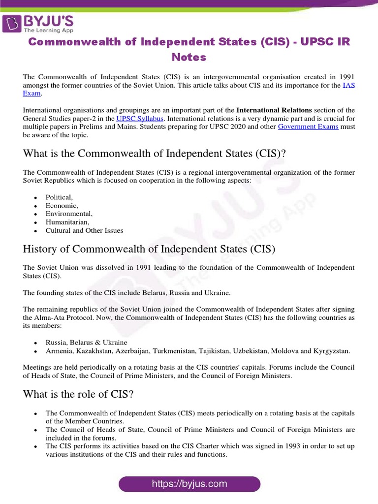 CIS - Intergovernmental Organisation Formed After Soviet Dissolution ...