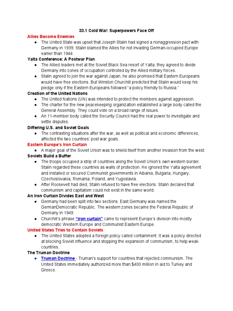 Allies Become Enemies: 33.1 Cold War: Superpowers Face Off | PDF | Iron ...