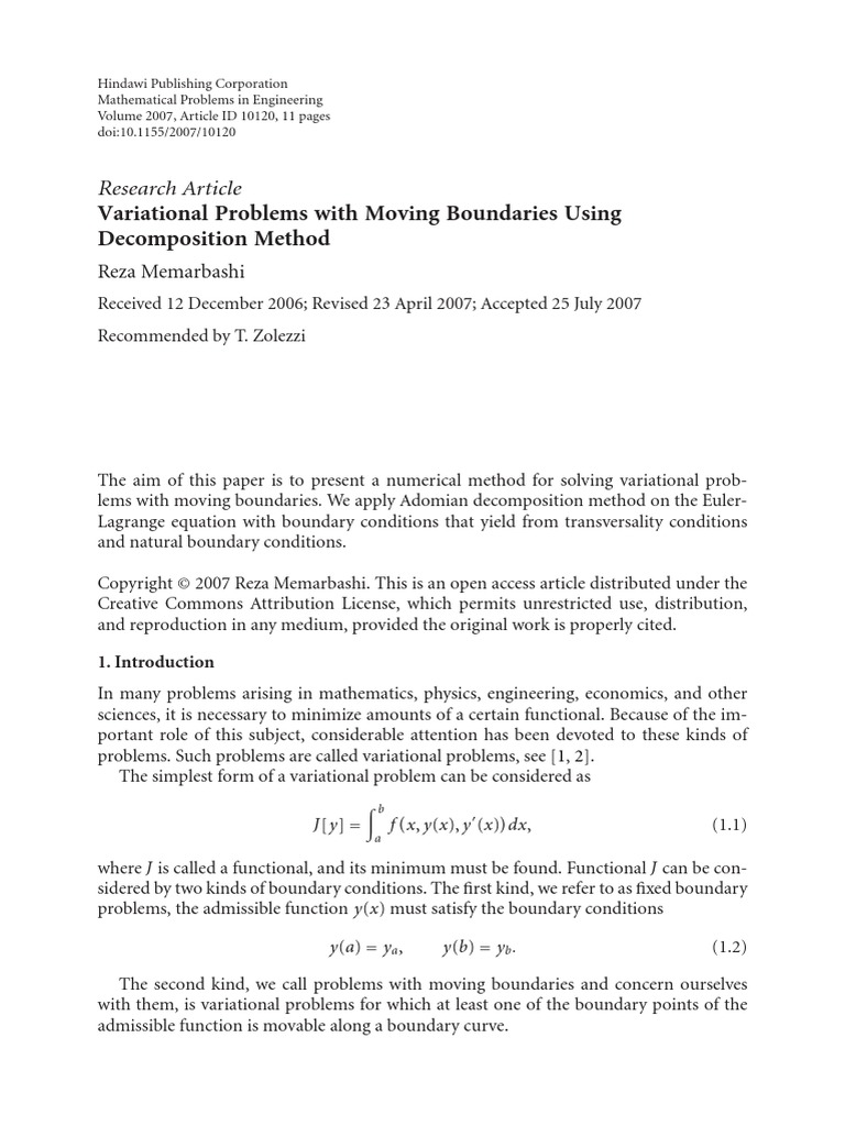 Research Article: Variational Problems With Moving Boundaries Using Decomposition Method | PDF ...