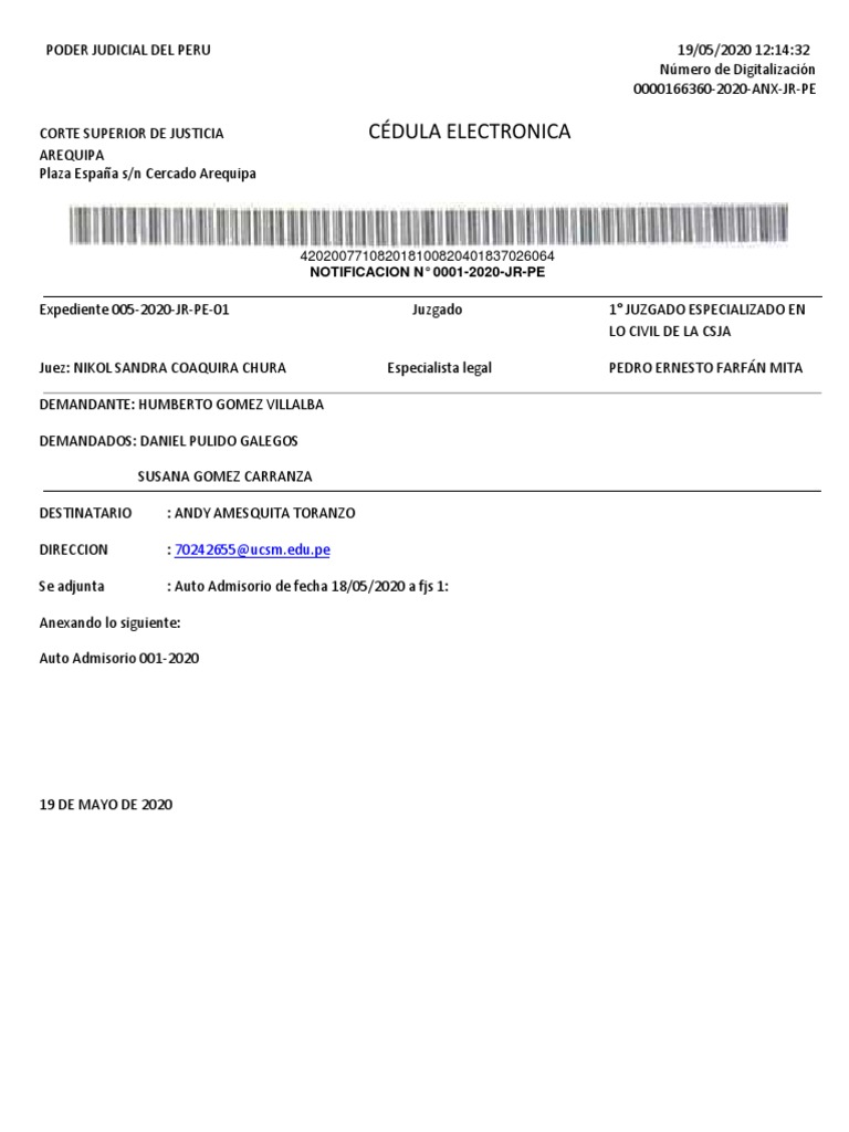 Cedula Electronica de Notificacion Auto Admisorio | PDF