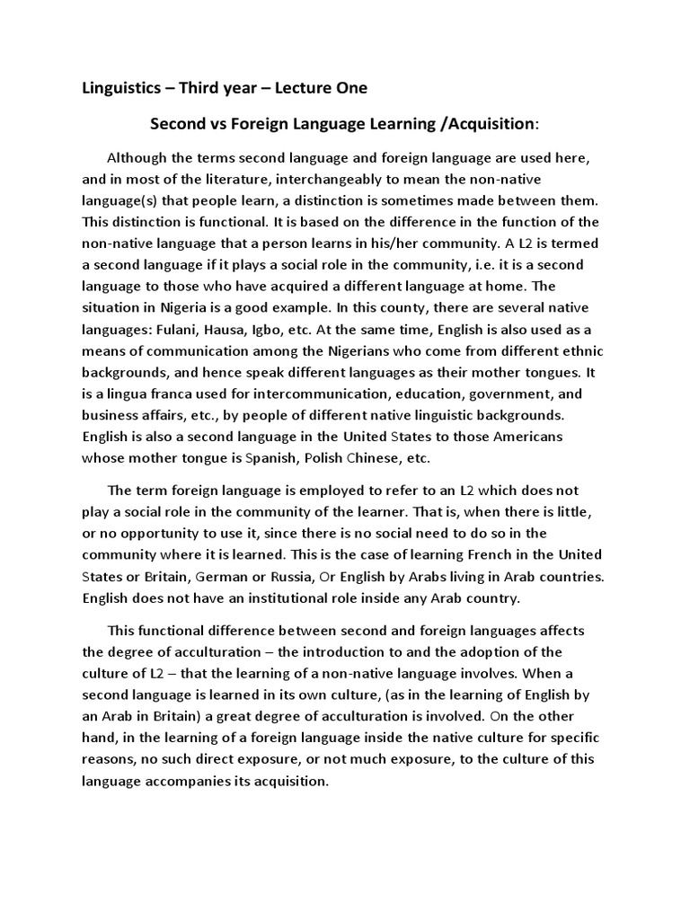 Linguistics - Third Year - Lecture One Second Vs Foreign Language ...