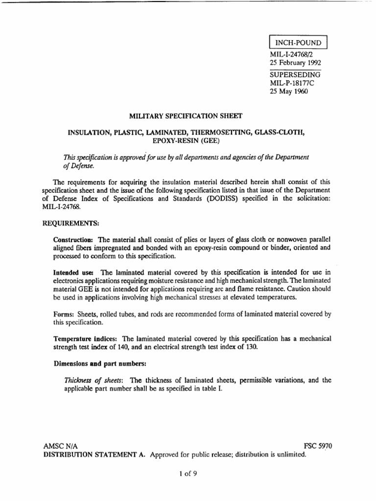Specification Sheet for Laminated Glass-Cloth Epoxy-Resin Insulation ...
