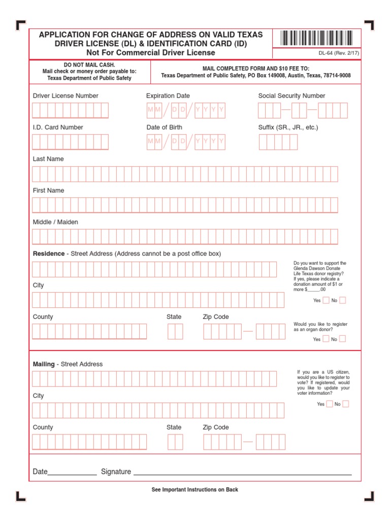 Application For Change of Address On Valid Texas Driver License (DL ...