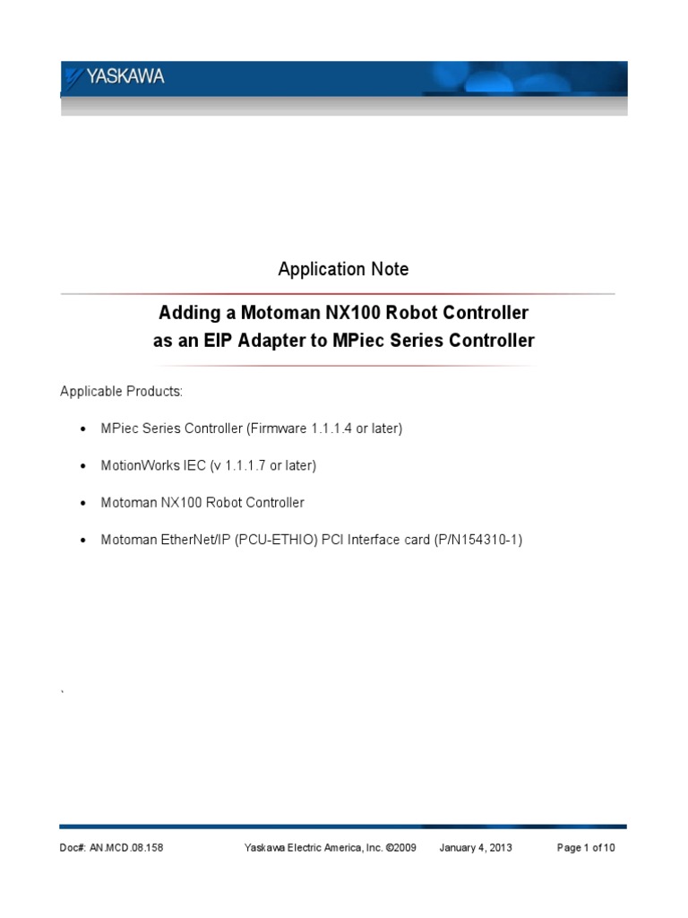 Adding A Motoman Nx100 Robot Controller As An Eip Adapter To Mpiec ...