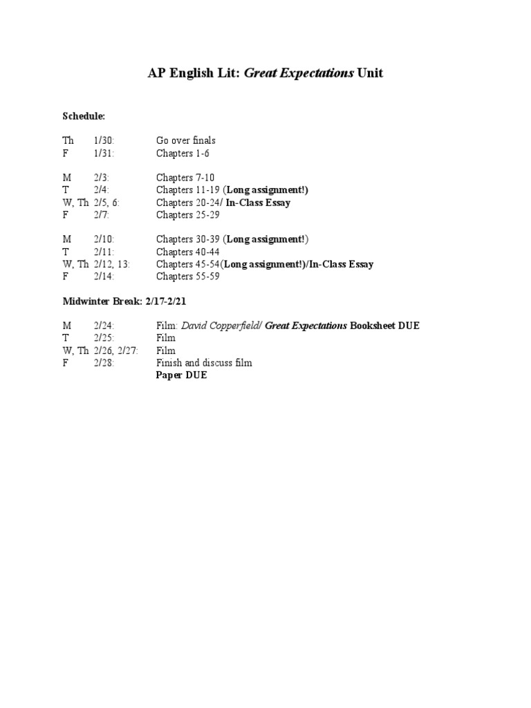 AP English Lit: Great Expectations Unit: Schedule | PDF