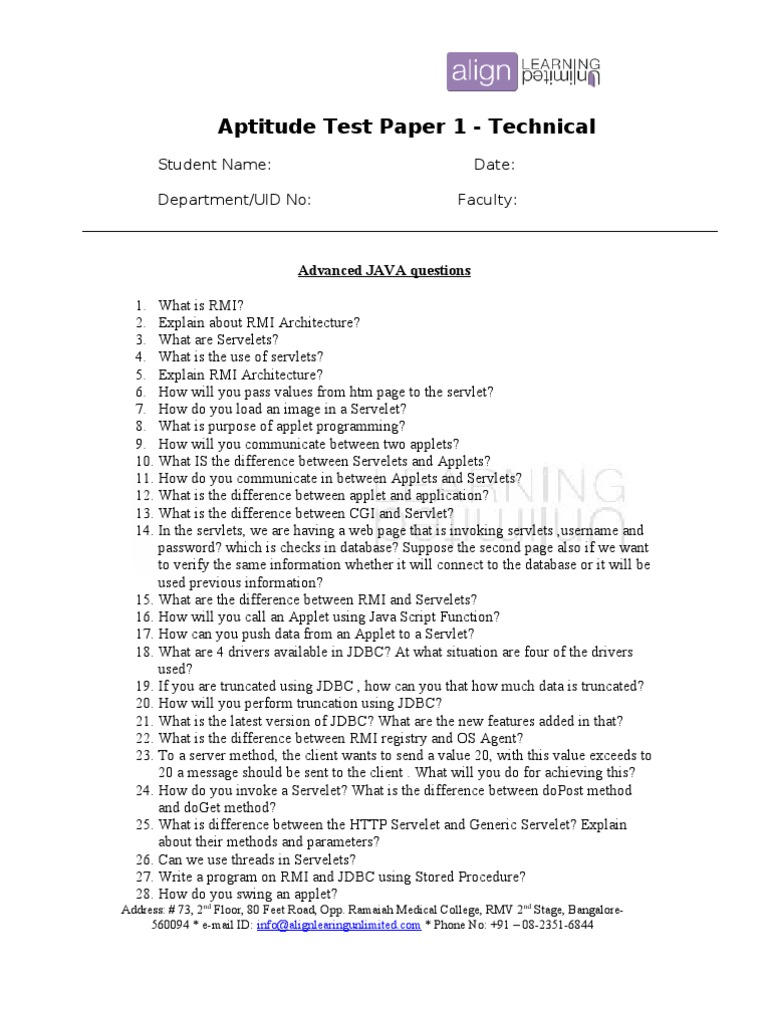 Aptitude Test Paper 1 Technical Advanced Java Questions Pdf Java Servlet Object 