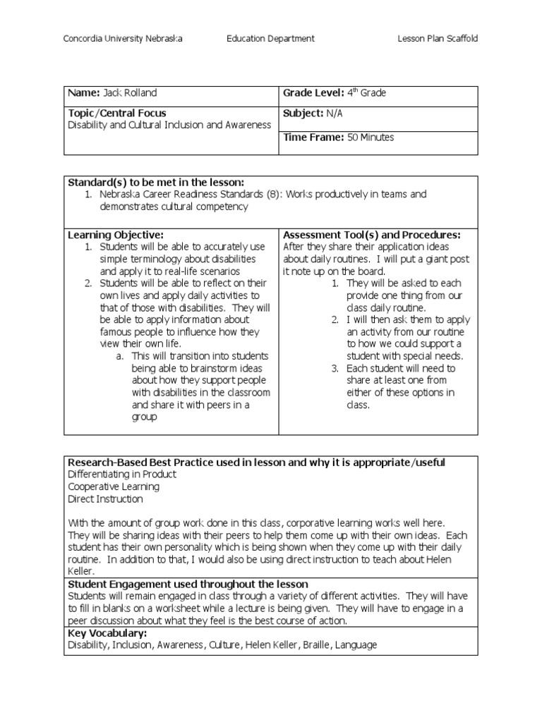 Concordia University Nebraska Education Department Lesson Plan Scaffold ...