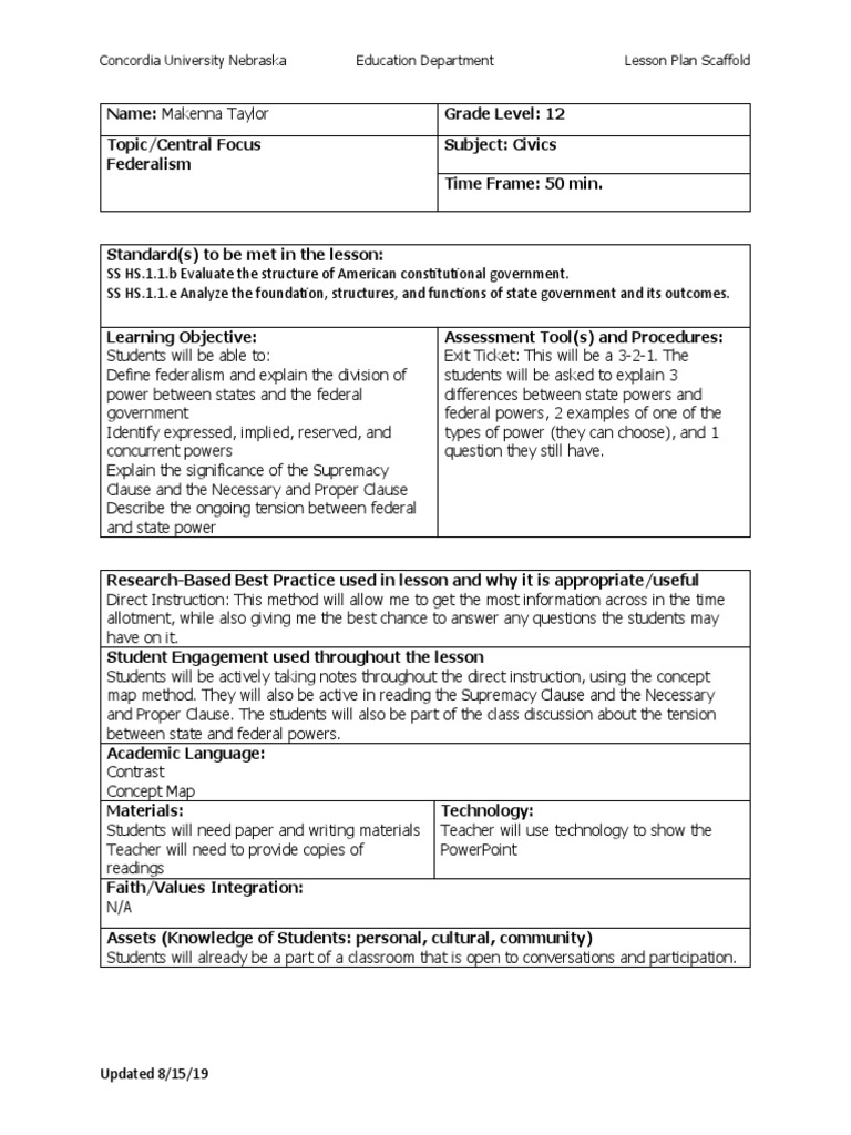 Concordia University Nebraska Education Department Lesson Plan Scaffold ...